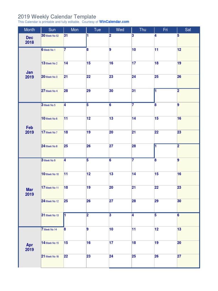 Editable 2019 Weekly Calendar Template | PDF | Microsoft | Software