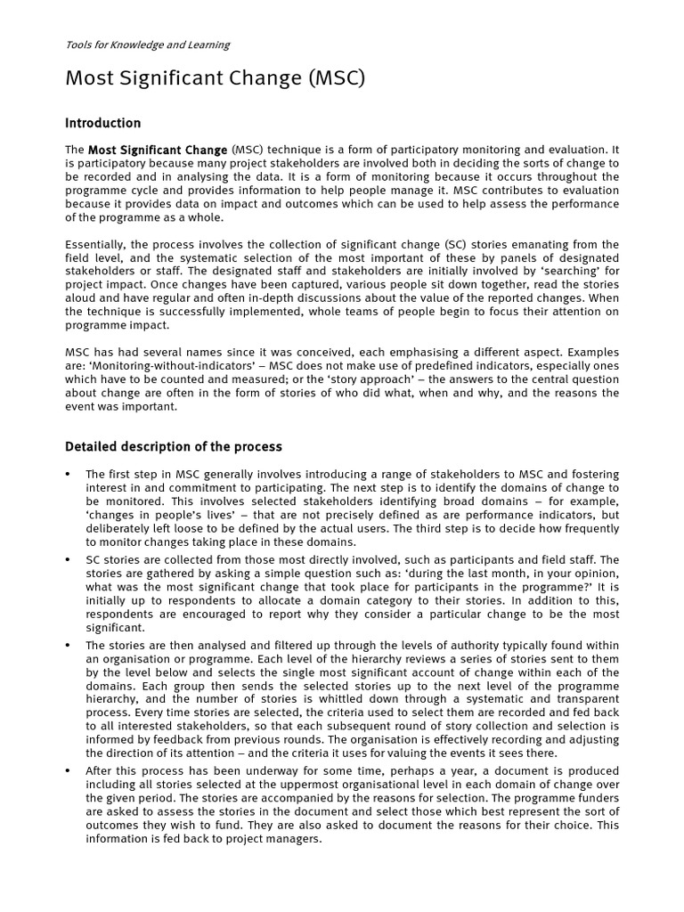 Most Significant Change (MSC) : Tools For Knowledge and Learning | PDF ...