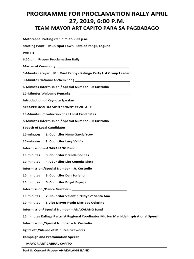 Programme For Proclamation Rally April 27, 2019, 6:00 P.M.: Team Mayor ...