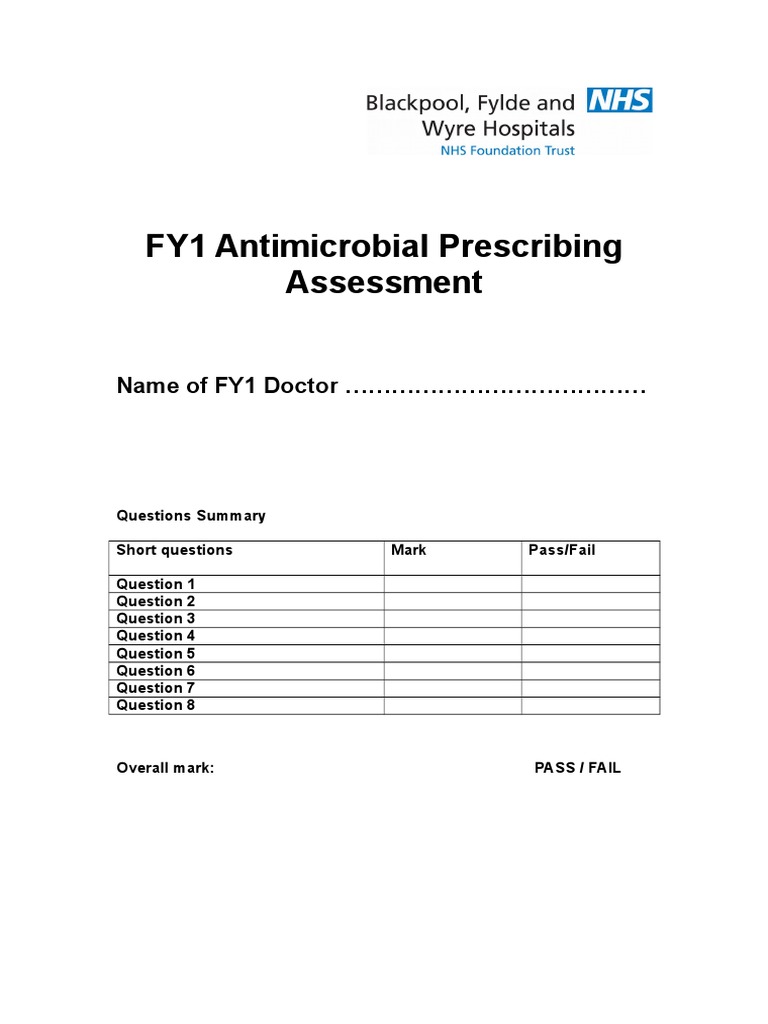 FY1 Antimicrobial Prescribing Assessment: Name of FY1 Doctor | PDF ...