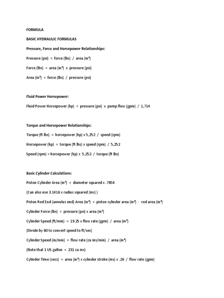 Formula Basic Hydraulic Formulas Pressure, Force and Horsepower ...
