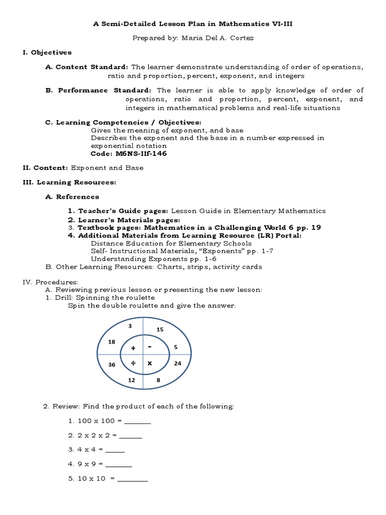 Lesson Plan in Math 6-3 | PDF | Exponentiation | Numbers