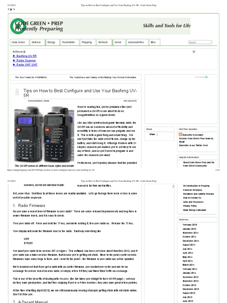 Tips On How To Best Configure and Use Your Baofeng UV-5R - Code Green Prep | PDF | Frequency ...