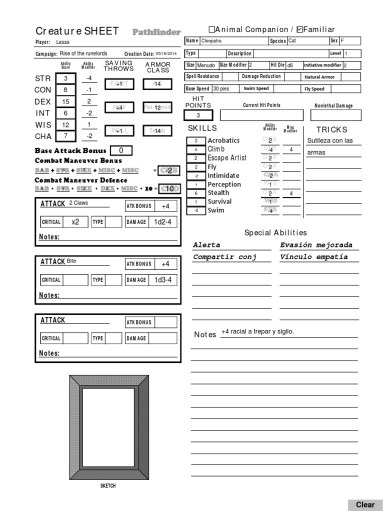 Pathfinder Creature Sheet Template | PDF | Role Playing Games | Leisure