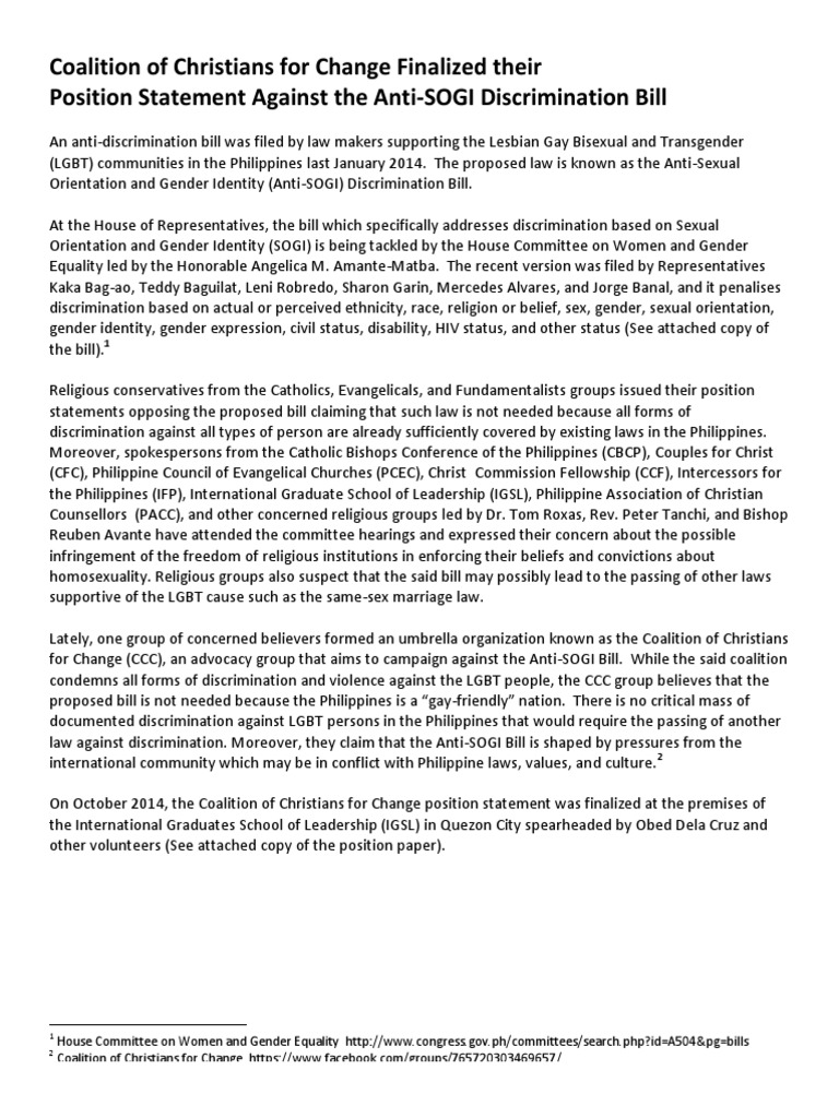Coalition of Christians For Change - Position Statement On The Anti ...