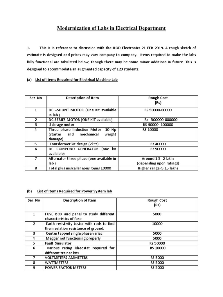 Modernization of Labs in Electrical Department: (A) List of Items ...