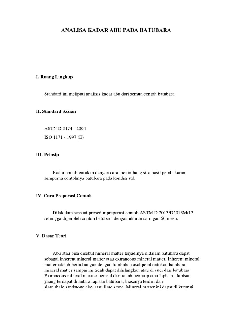 Analisa Kadar Abu Pada Batubara | PDF | Sains & Matematika