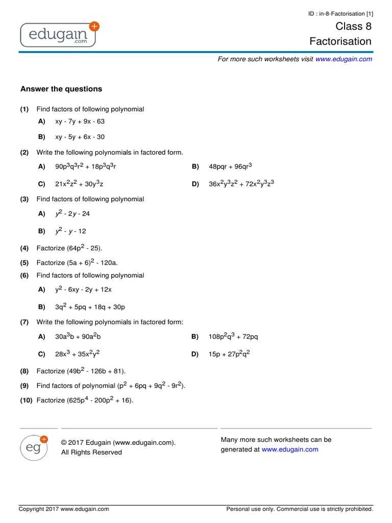 Grade 8 Factorisation In Factorization Polynomial