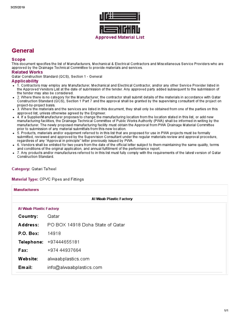 Ashghal Approved Material List (Taheel) CPVC Pipes and Fittings PDF ...