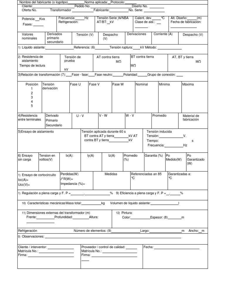 Formato de Protocolo de Pruebas de Transformador Norma NTC 1358 | PDF | Transformador | voltaje