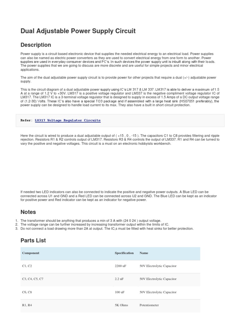 Dual Adjustable Power Supply Circuit | PDF | Power Supply | Electrical ...
