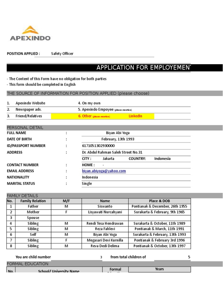 Employment Application Form - Biyan Abi Yoga | PDF