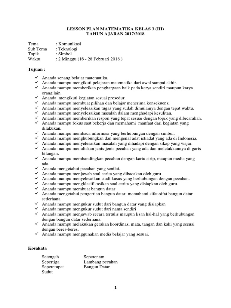 LESSON PLAN MATEMATIKA KELAS 3 MG k-3 | PDF