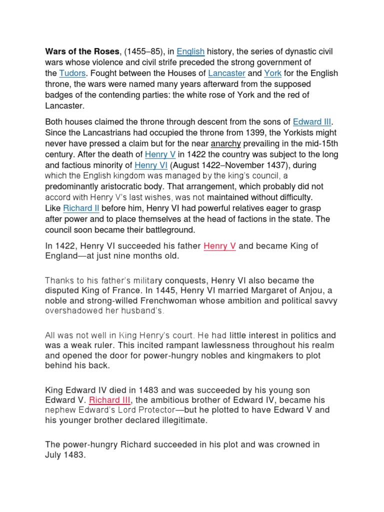 English Tudors Lancaster York: Wars of The Roses, (1455 | PDF