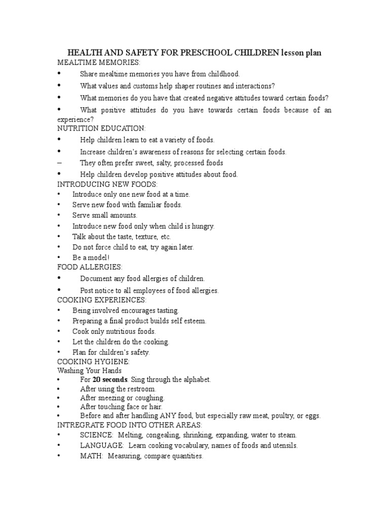 Health and Safety For Preschool Children Lesson Plan | PDF | Foods ...