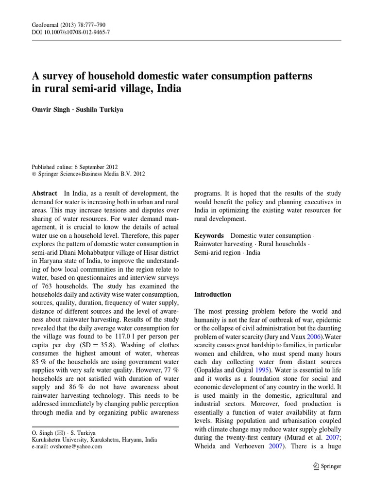 A Survey of Household Domestic Water Consumption Patterns in Rural Semi ...