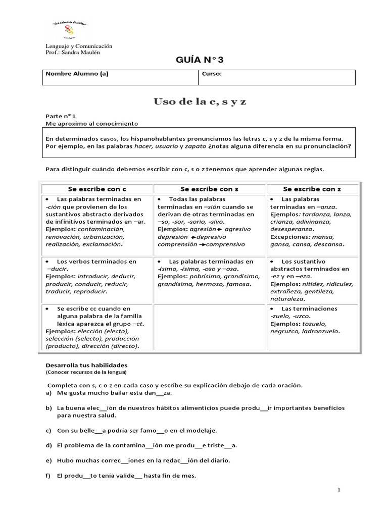Guia N°3 Uso de La C S y Z | PDF | Idiomas | Artes del lenguaje y ...
