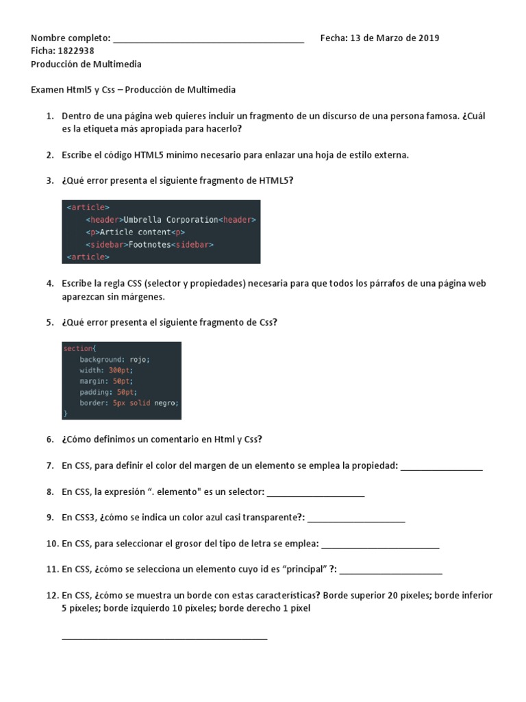 Examen HTML5 y CSS: Preguntas Clave | PDF | Hojas de estilo en cascada | Ingeniería de software