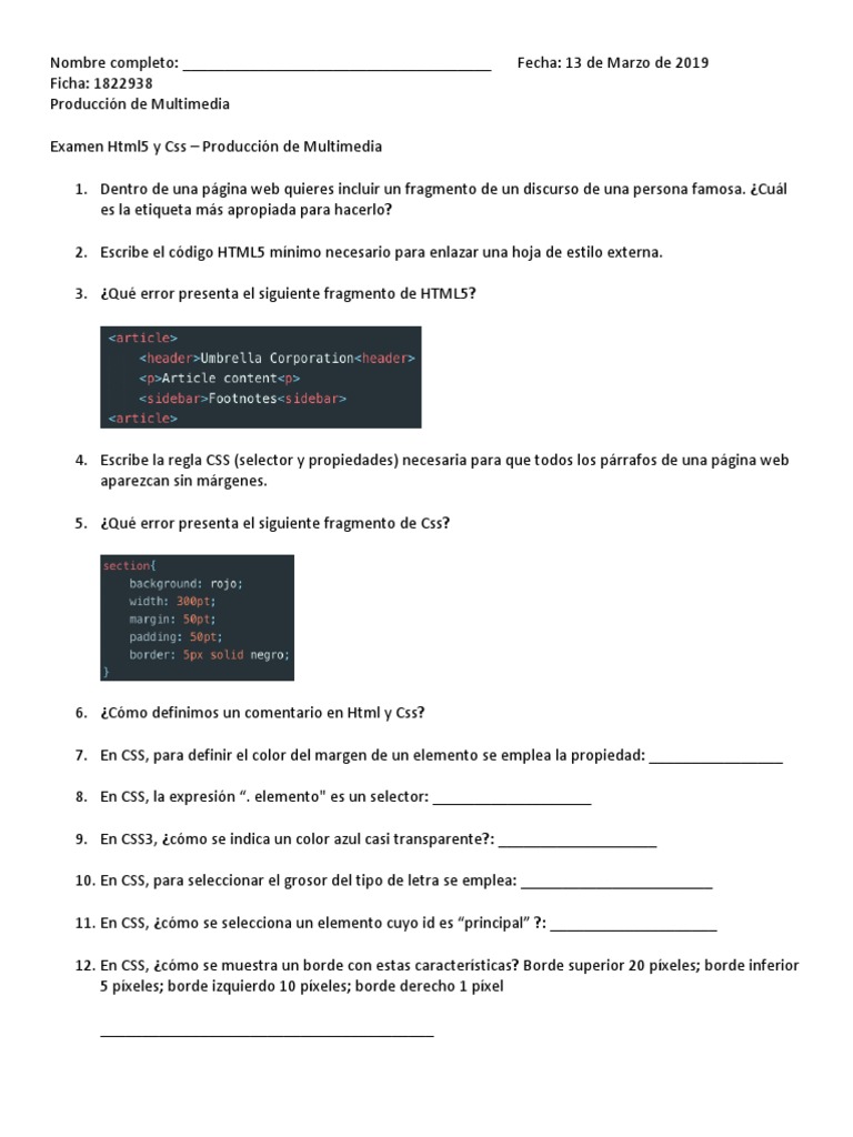 Examen Html5 y Css | PDF | Hojas de estilo en cascada | Ingeniería de ...
