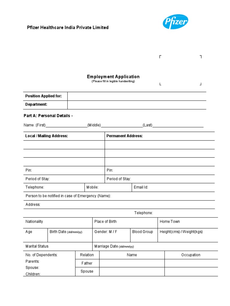 Candidate Application Form Pfizer Healthcare India Private Limited ...