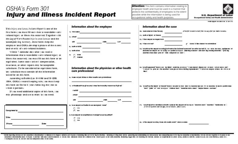OSHA Form 301 Incident Report | PDF | Occupational Safety And Health ...