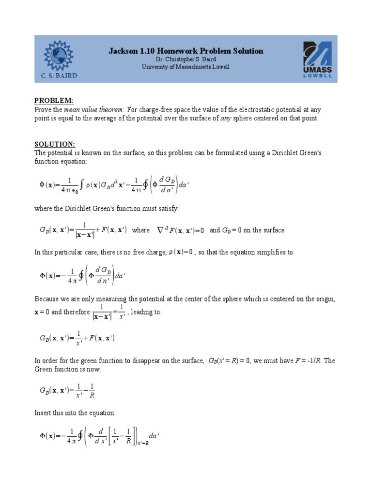 Jackson 110 Homework Problem Solution Pdf Greens Function Analysis 5732