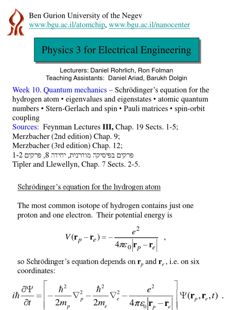 Quantum Mechanics of the Hydrogen Atom: Eigenvalues, Eigenstates, and ...