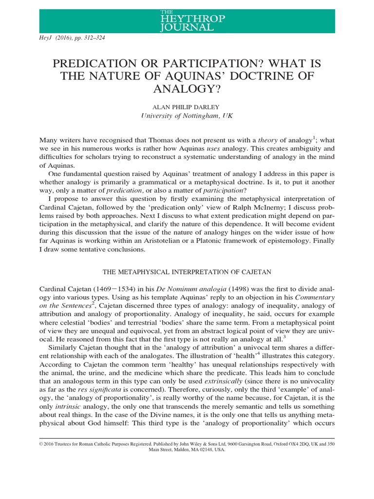Darley 2016 The Heythrop Journal | PDF | Thomas Aquinas | Analogy