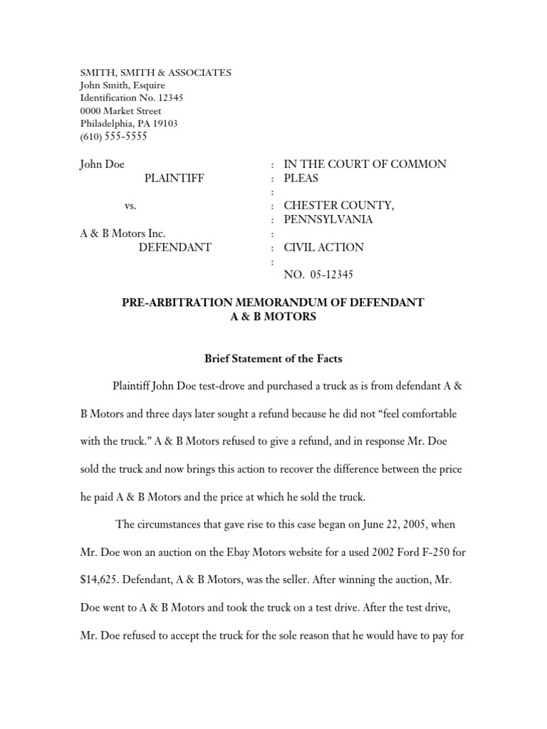 19054351-Arbitration-Memorandum-Sample.pdf | Implied Warranty | Legal ...