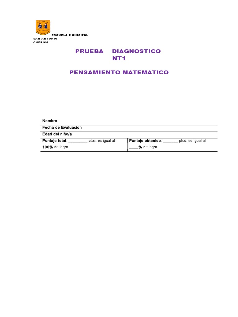 Prueba Diagnóstico Pensamiento Matemático Pre Kinder | PDF