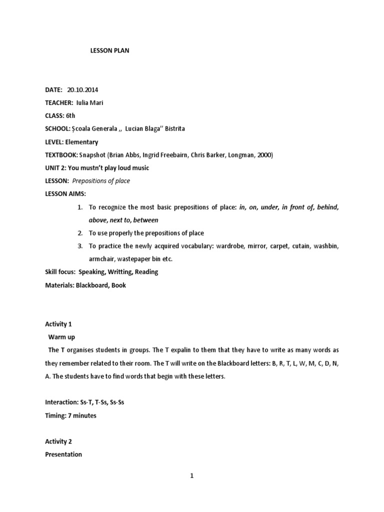 0 Lesson Plan Prepositions of Place | PDF