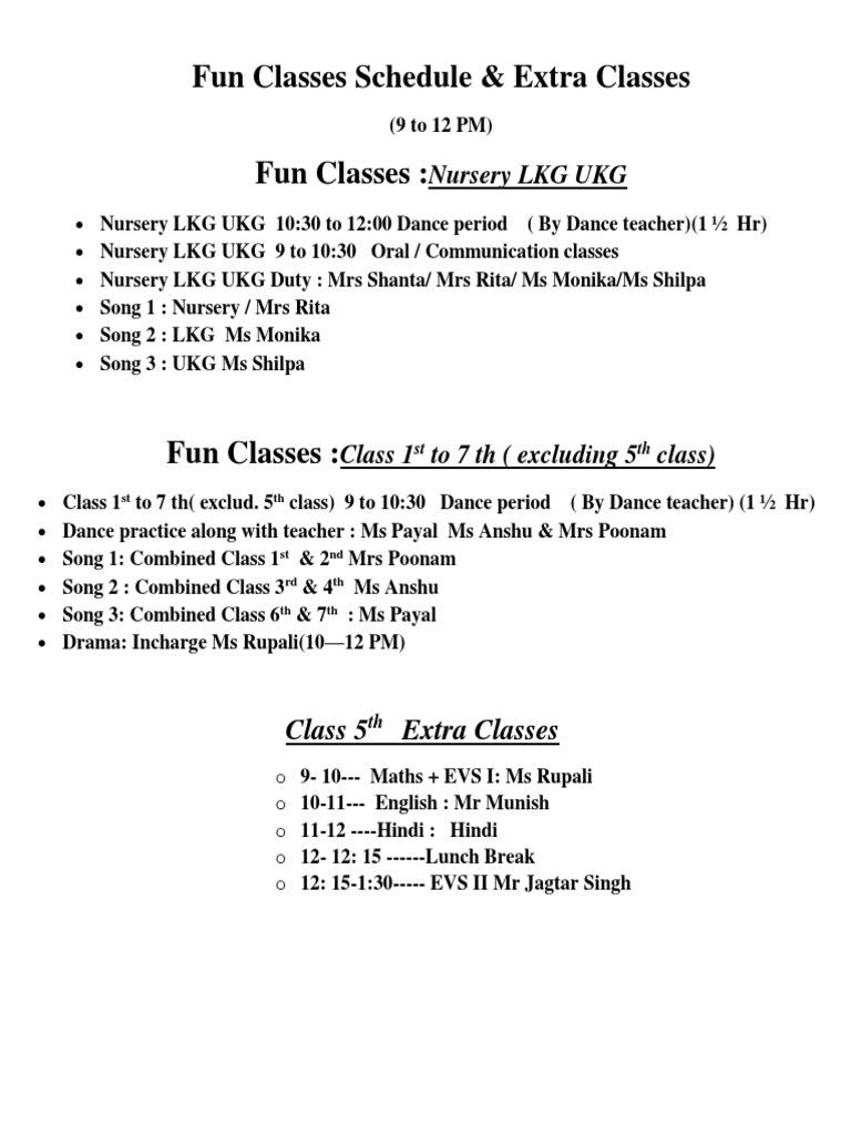 Fun Classes Schedule & Extra Classes: Nursery LKG UKG | PDF