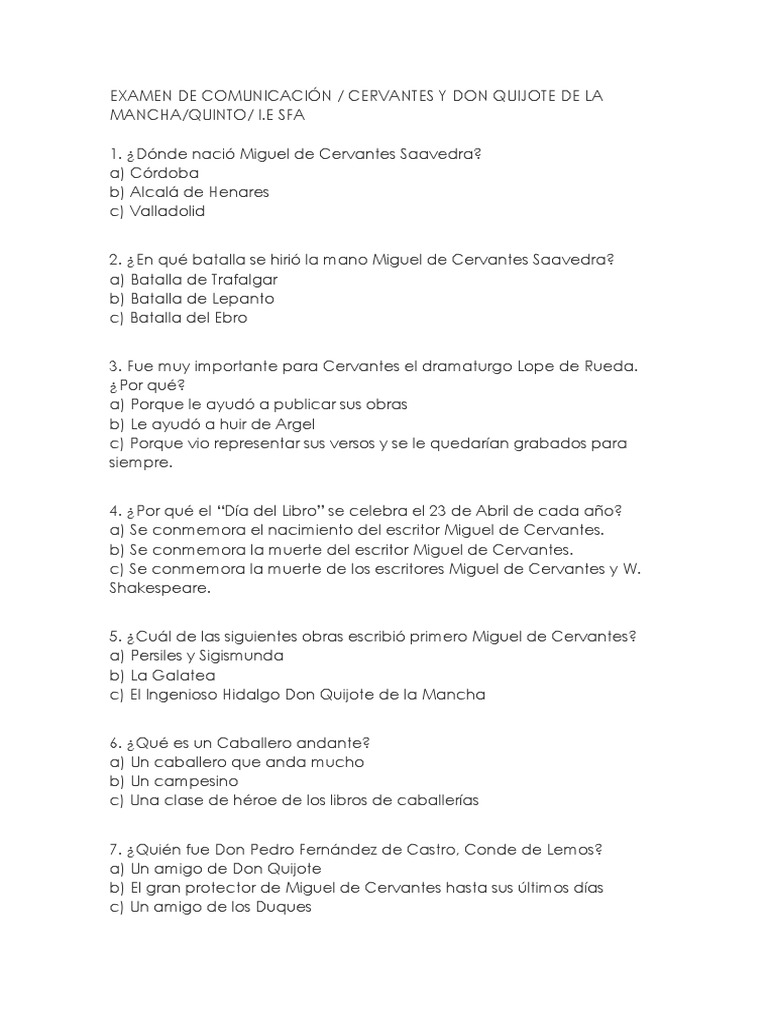 Examen sobre Cervantes y Don Quijote | PDF | Miguel De Cervantes | Don ...