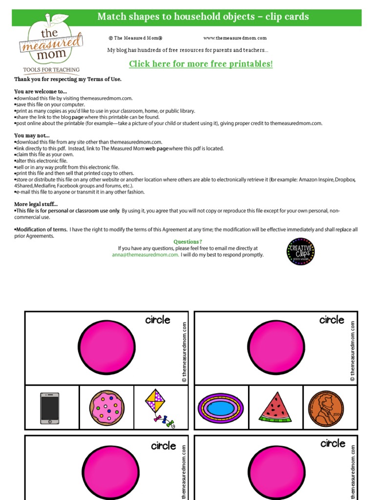 Match Shapes To Household Objects - Clip Cards: Click Here For More ...