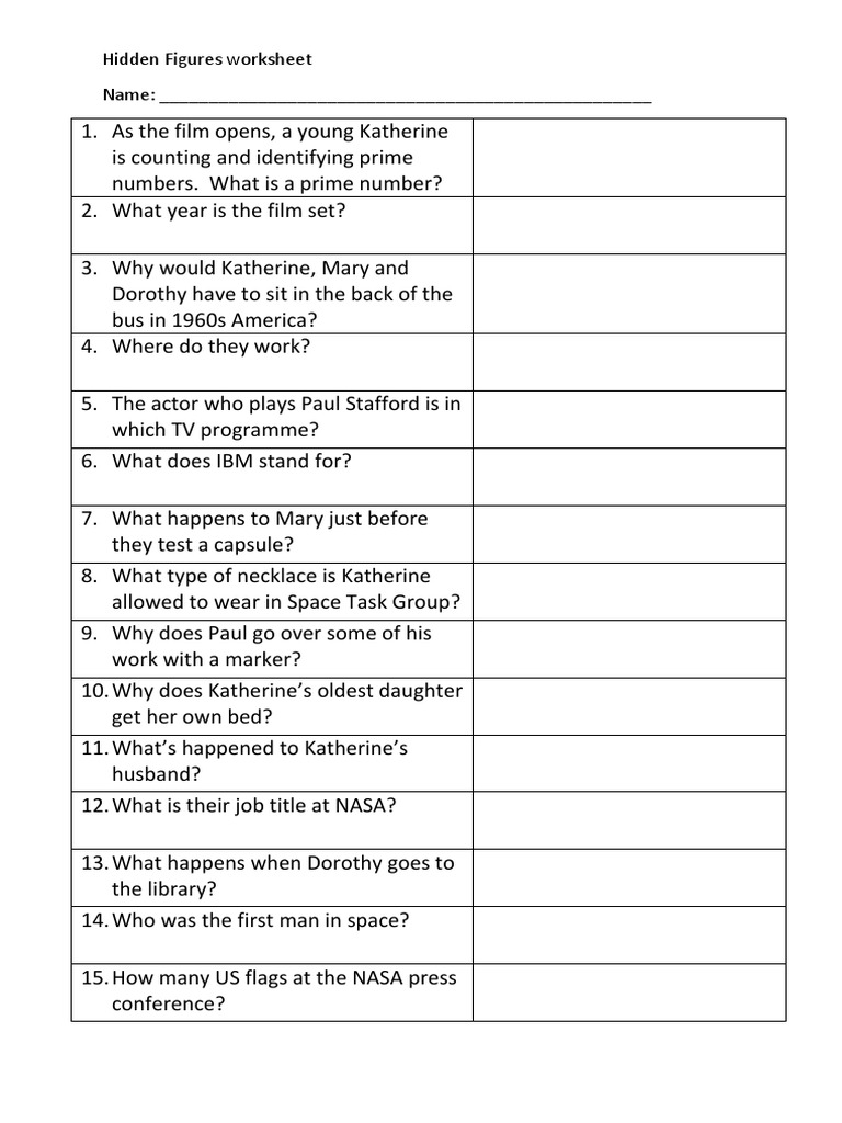 Hidden Figures Worksheet | PDF | Hidden Figures | Spaceflight