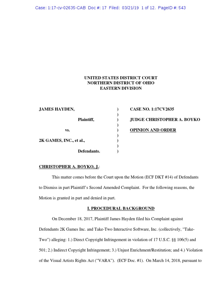 Hayden vs. Take-Two: Copyright Case Update | PDF | Declaratory Judgment ...