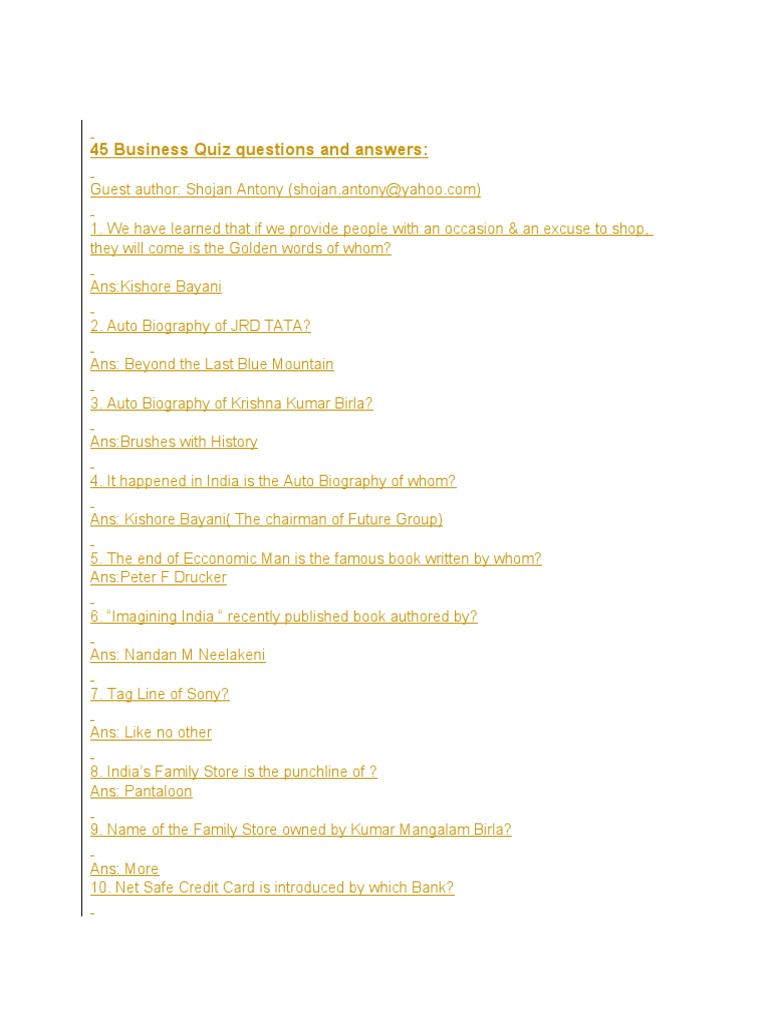 45 Business Quiz Questions and Answers | Download Free PDF | Economy Of ...