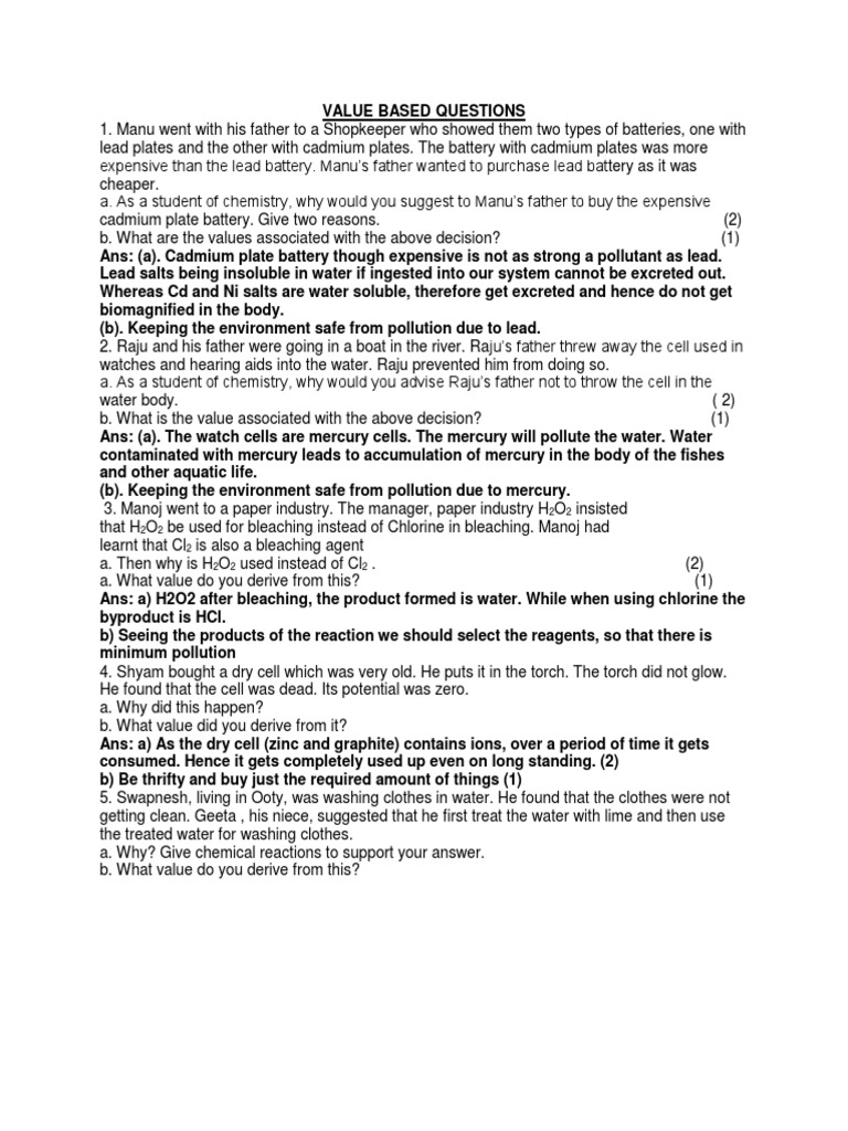 Value Based Questions | Download Free PDF | Mercury (Element) | Lead