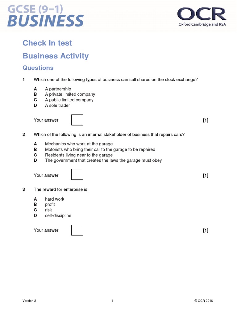 Check in Test Business Activity: Questions | PDF | Partnership | Sole ...