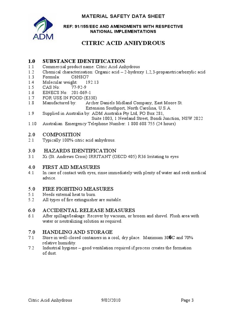Citric Acid Anhydrous Safety Data | PDF | Carbon | Magnesium