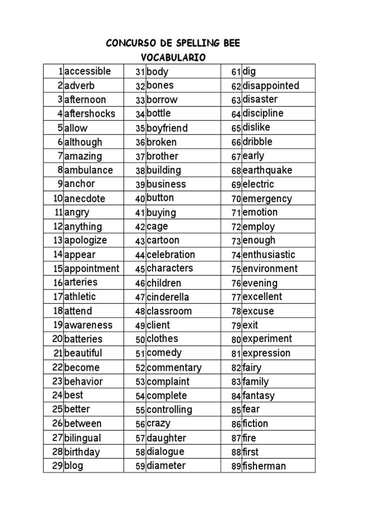 Concurso de Spelling Bee Vocabulario | PDF