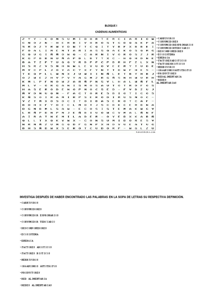 Cadenas Alimenticias Sopa de Letras | PDF