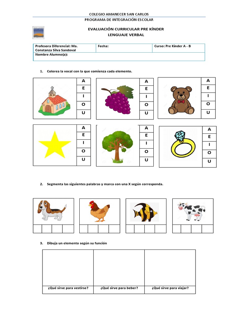 Evaluación de Lenguaje Pre Kínder | PDF | Escuelas | Estudiantes