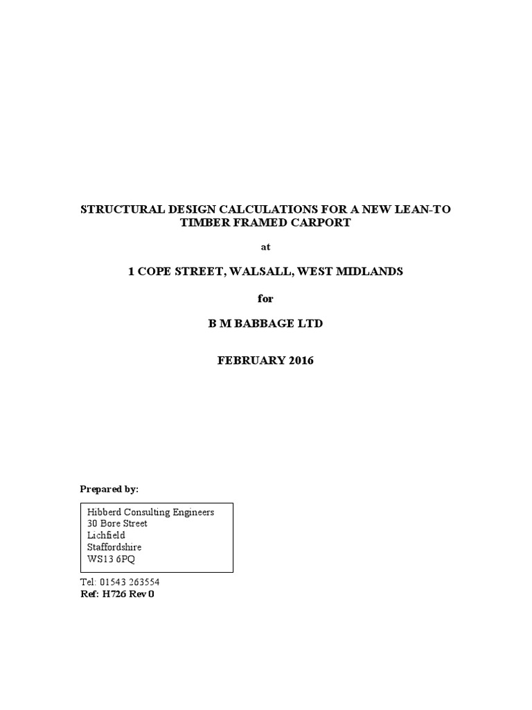 Structural Design Calculations For A New Lean-To Timber Framed Carport ...