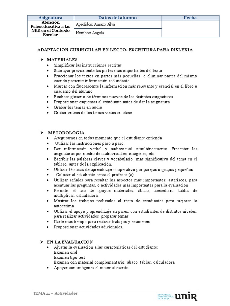 Adaptacion Curricular Dislexia | PDF | Prueba (evaluación) | Dislexia