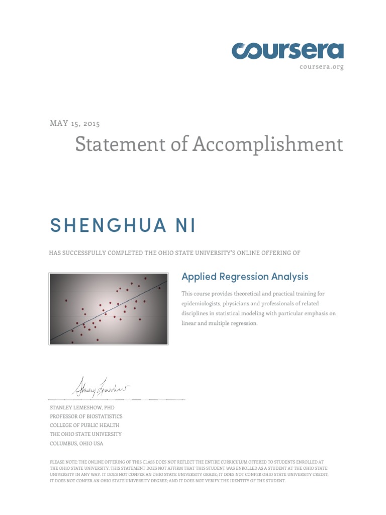 Statement of Accomplishment: Shenghua Ni | PDF