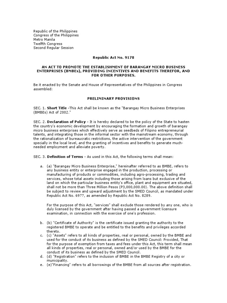 Ra 9178 Bmbe | PDF | Licensure | U.S. Securities And Exchange Commission