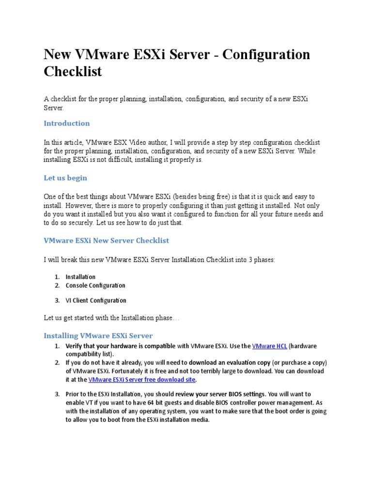 New VMware ESXi Server - Configuration Checklist | PDF | Domain Name System | Internet Architecture