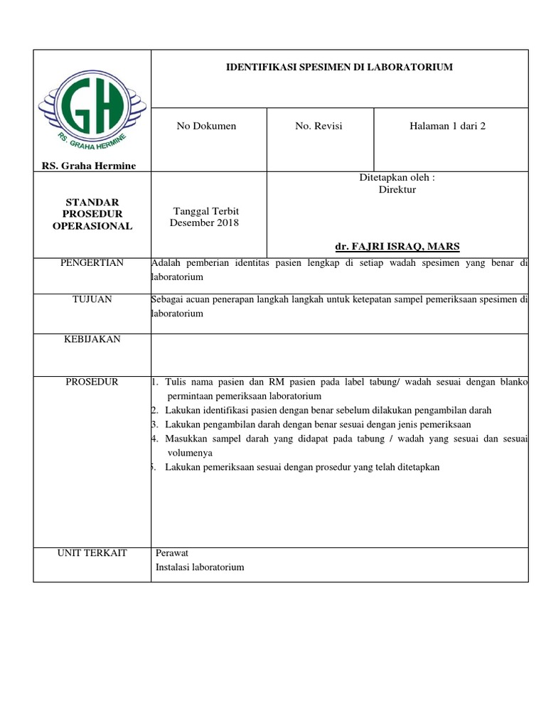 Identifikasi Spesimen Laboratorium RS. Graha Hermine | PDF