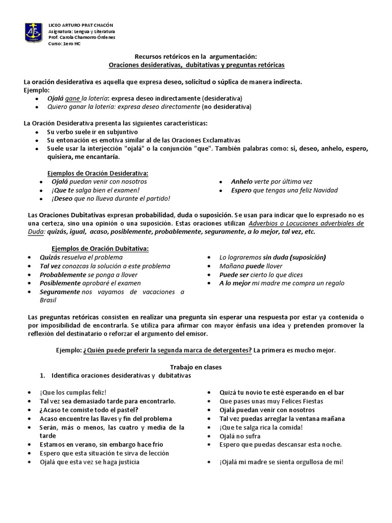 Oraciones Dubitativas y Desiderativas | Oración (Lingüística) | Lingüística